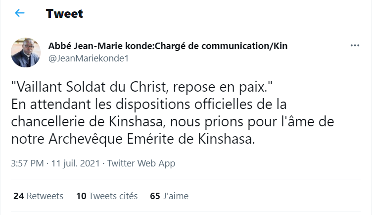 RDC : décès confirmé de l'Archevêque émérite de Kinshasa Laurent ... RDC : décès confirmé de l'Archevêque émérite de Kinshasa Laurent ...